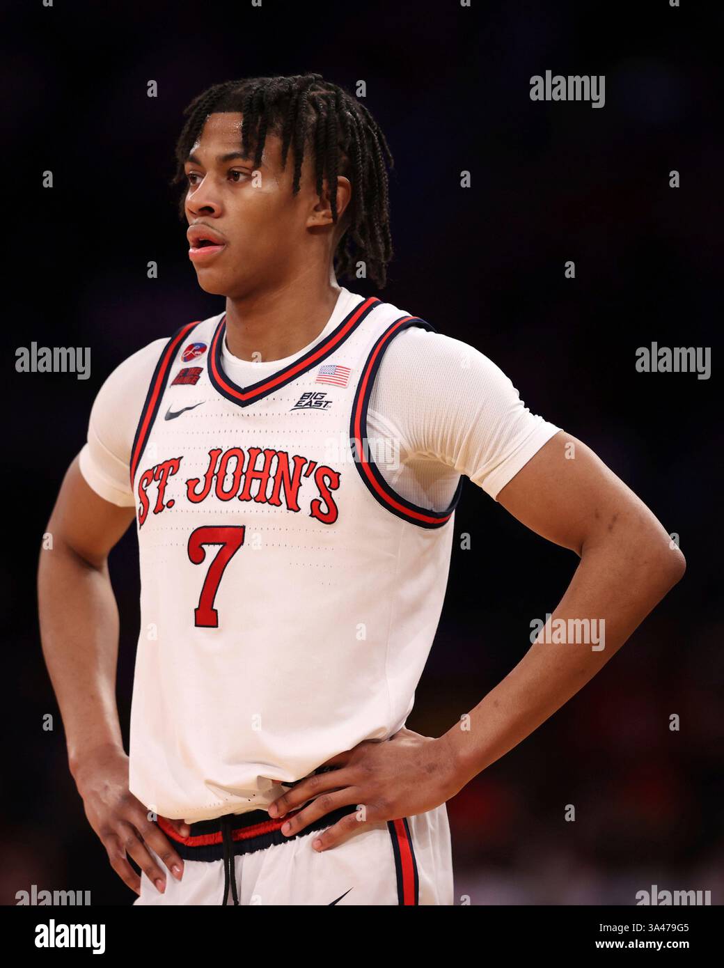 St. John's guard Simeon Wilcher (7) stands on the court during the ...