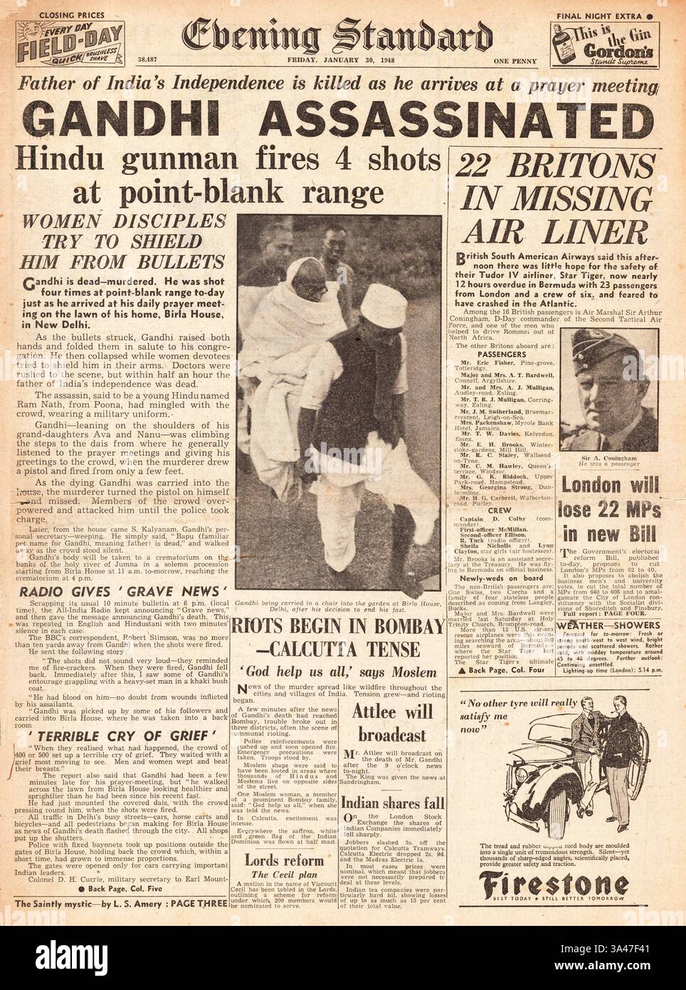 1948 Evening Standard (London) front page reporting the assassination of Mahatma Gandhi and ...