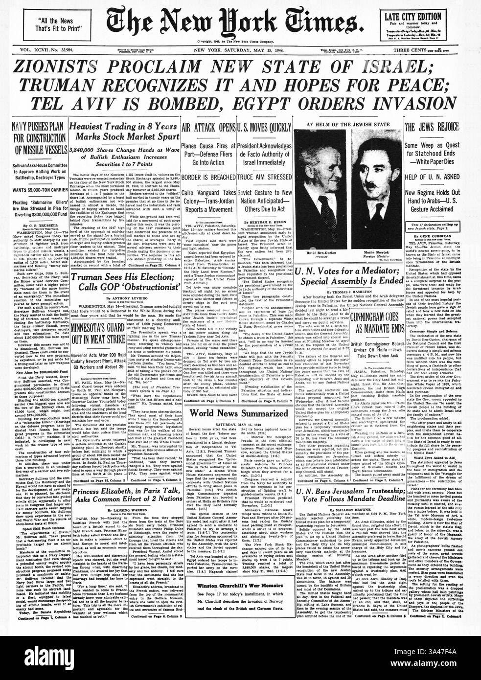 1948 New York Times front page reporting the founding of Independent ...