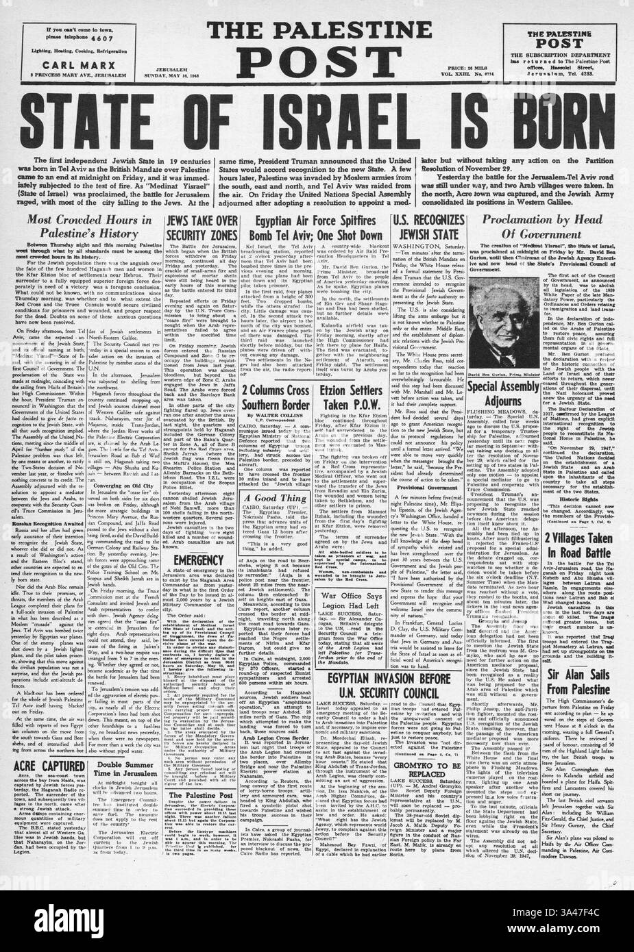 1948 Jerusalem Post front page reporting the founding of Independent ...