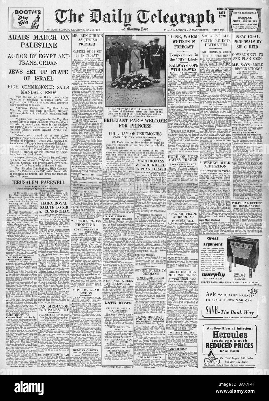 1948 Daily Telegraph front page reporting the founding of Independent ...