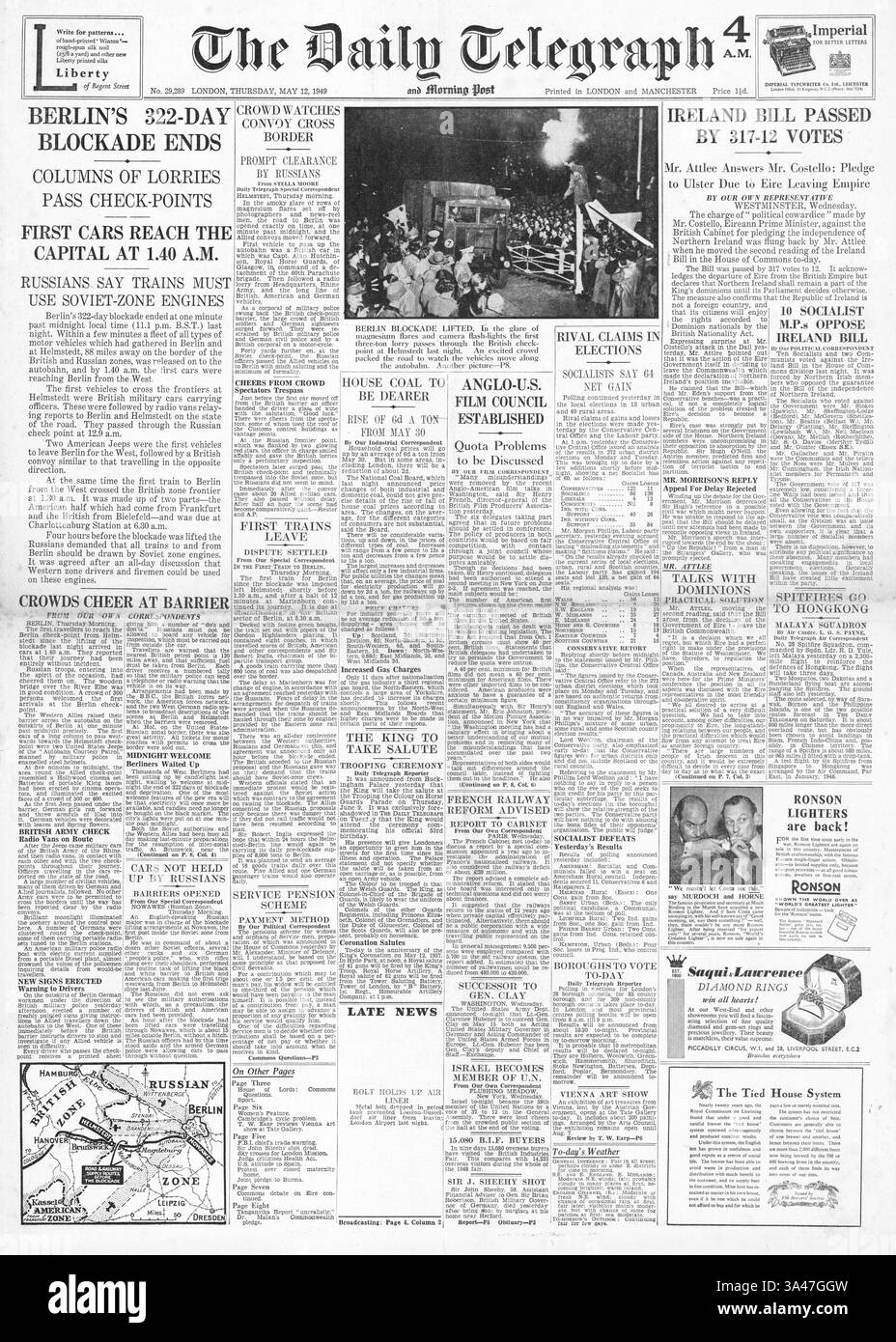1949 Daily Telegraph reporting the Berlin Blockade and airlift Stock ...