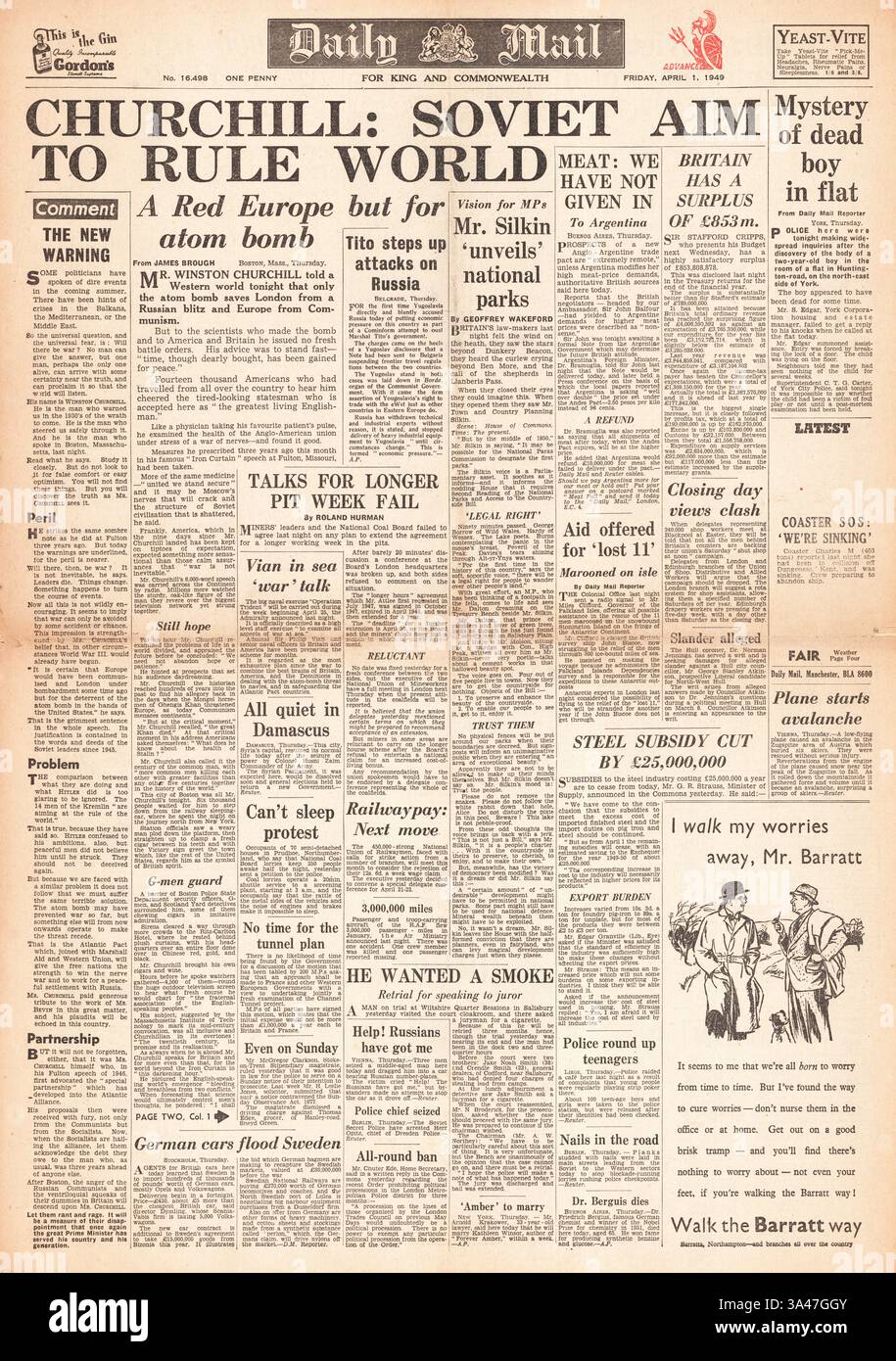 1949 Daily Mail front page reporting Churchill speech on Soviet aims to ...