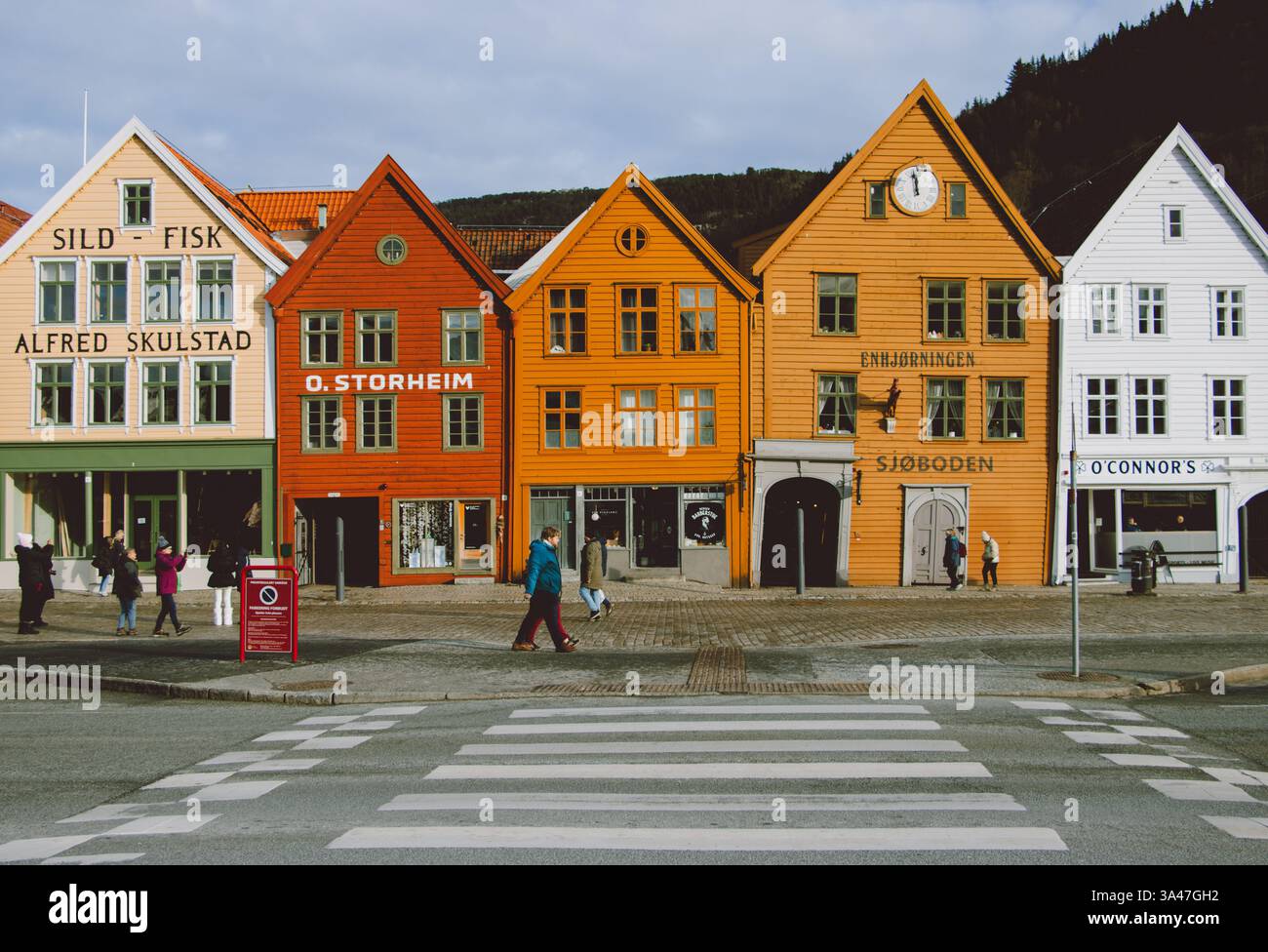 Bryggen Wharf in Bergen, Norway, with colorful wooden houses, a ...