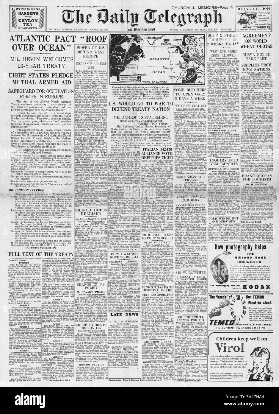 1949 Daily Telegraph front page reporting the North Atlantic Treaty ...