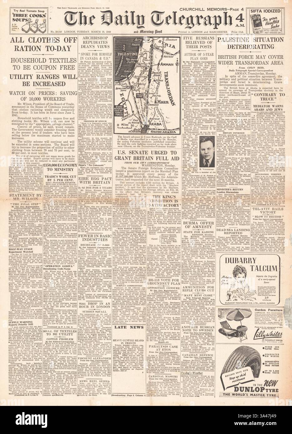 1949 Daily Telegraph front page reporting All clothes off ration Stock Photo - Alamy