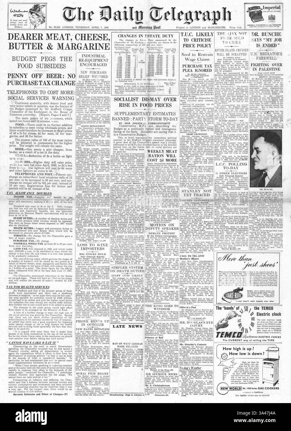 1949 Daily Telegraph front page reporting Sir Stafford Cripps announces ...