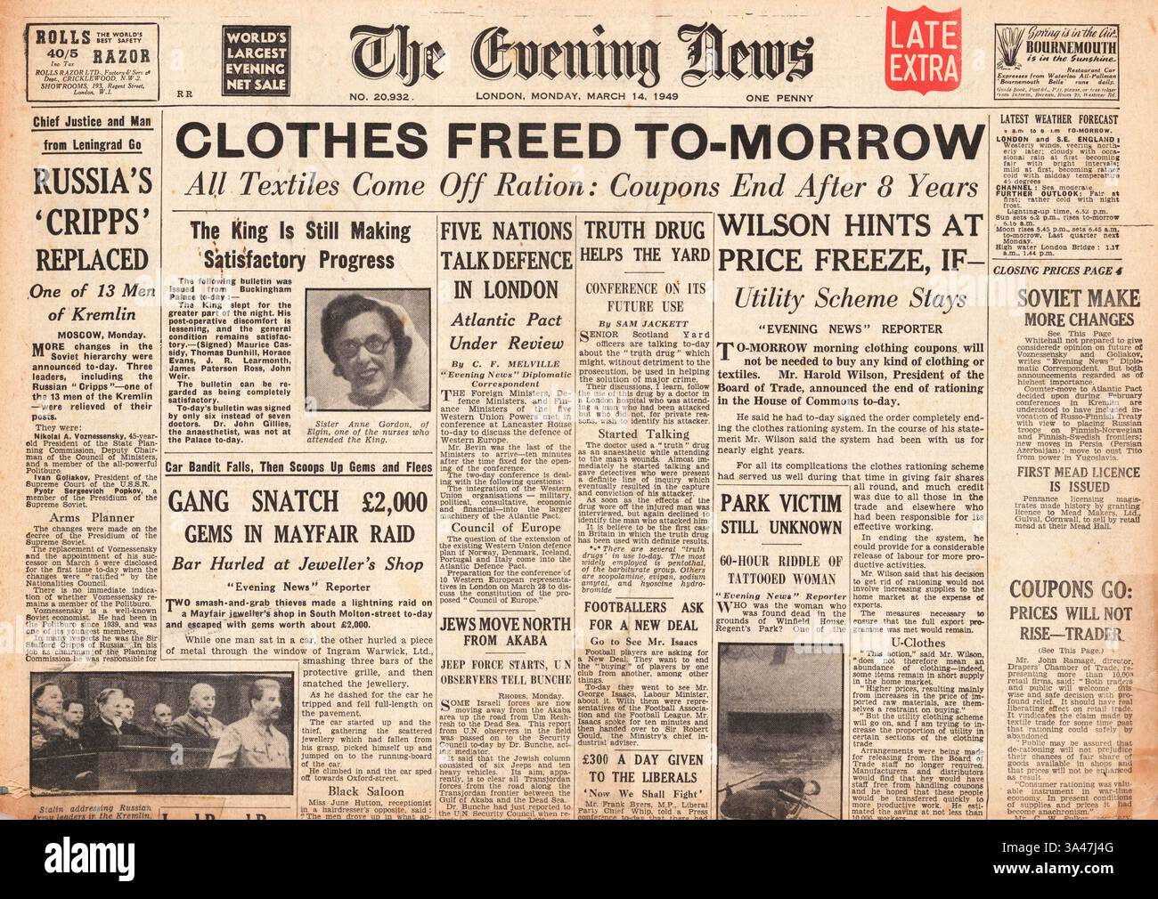 1949 evening news all clothes off ration hi-res stock photography and images - Alamy