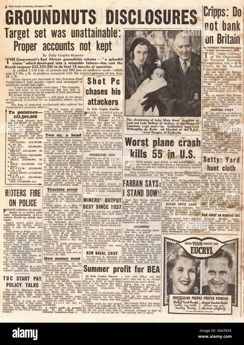 1949 Daily Graphic page 2 reporting Tanganyika groundnut scheme and mid ...