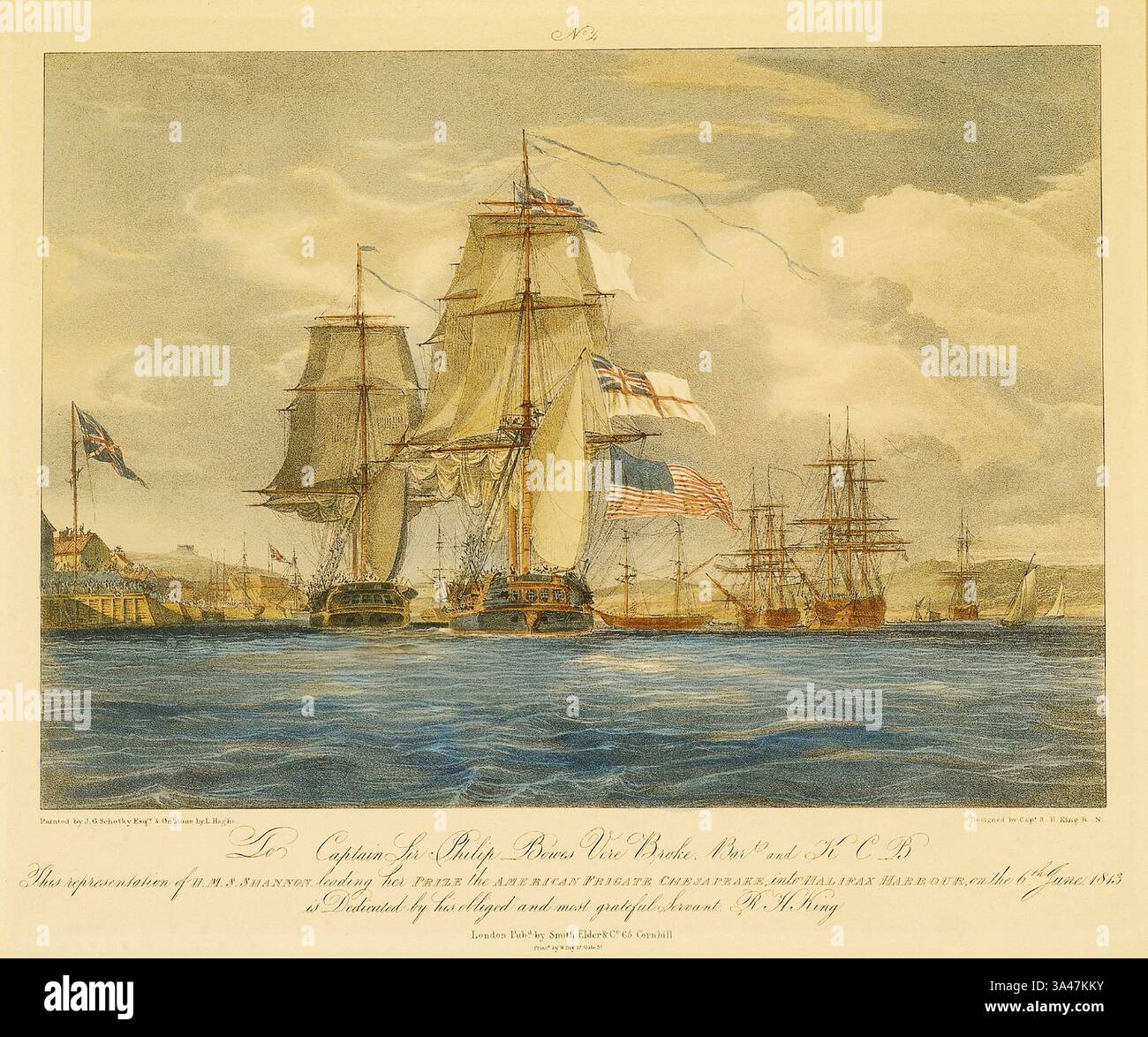 Representation of HMS Shannon leading her prize the American Frigate ...