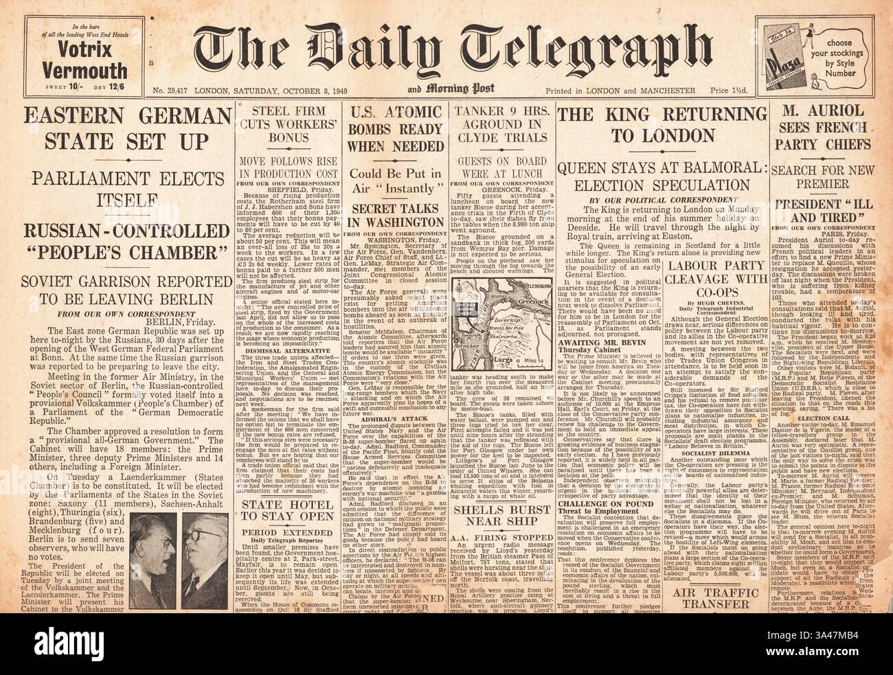 1949 Daily Telegraph front page reporting Creation of East Germany ...