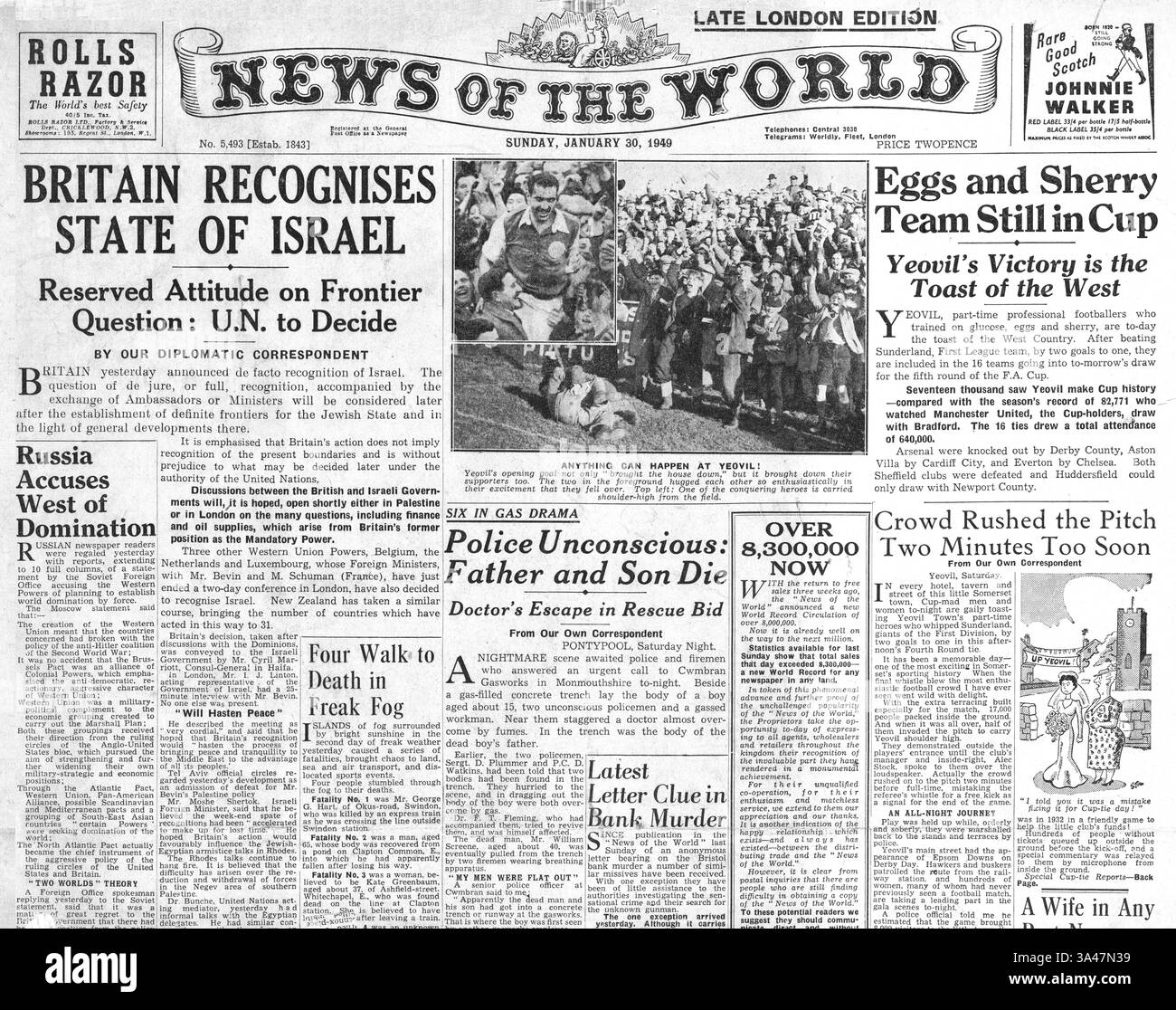 1949 News of the World front page reporting Britain recognises Israel ...