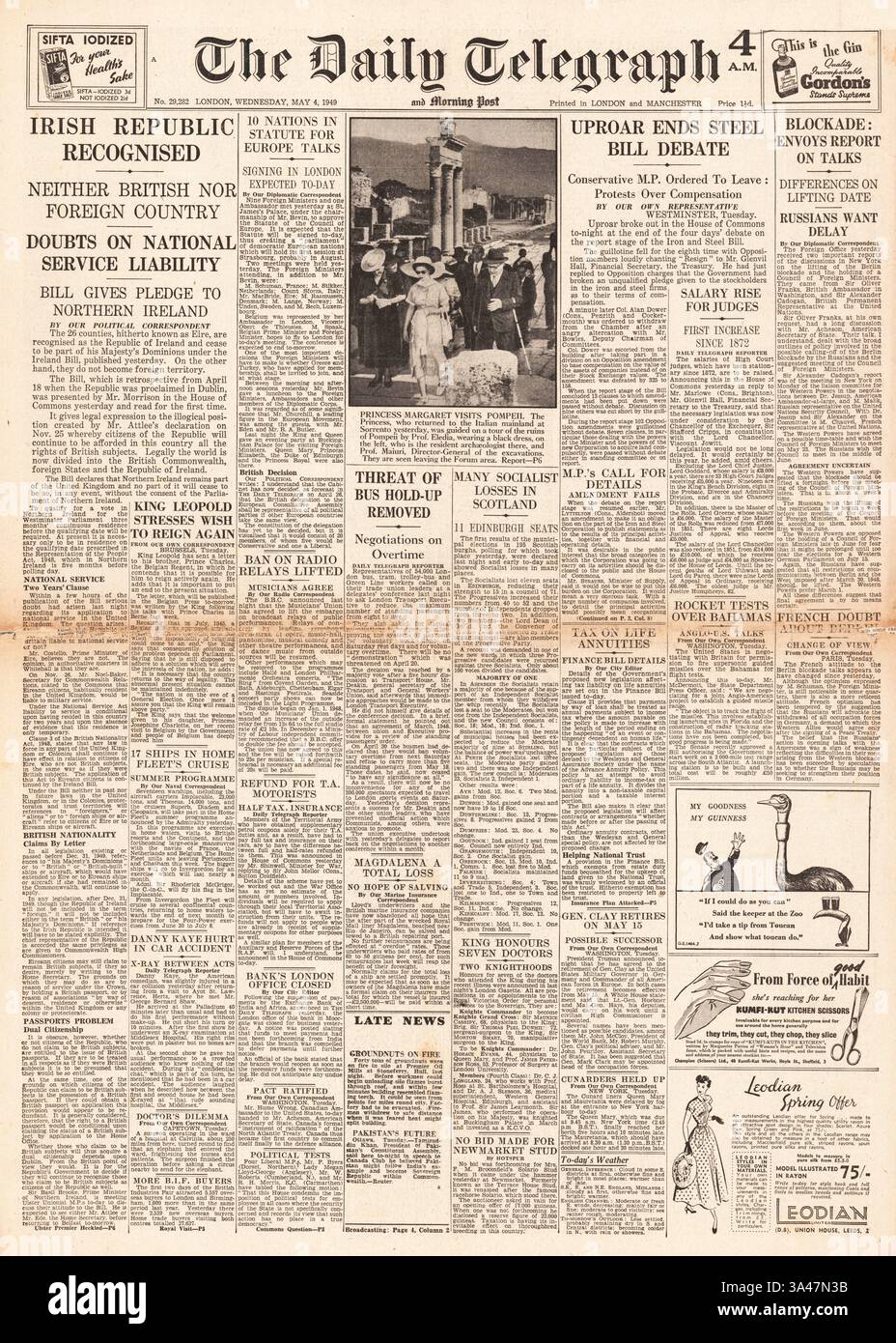 1949 Daily Telegraph front page reporting Irish Republic recognised ...