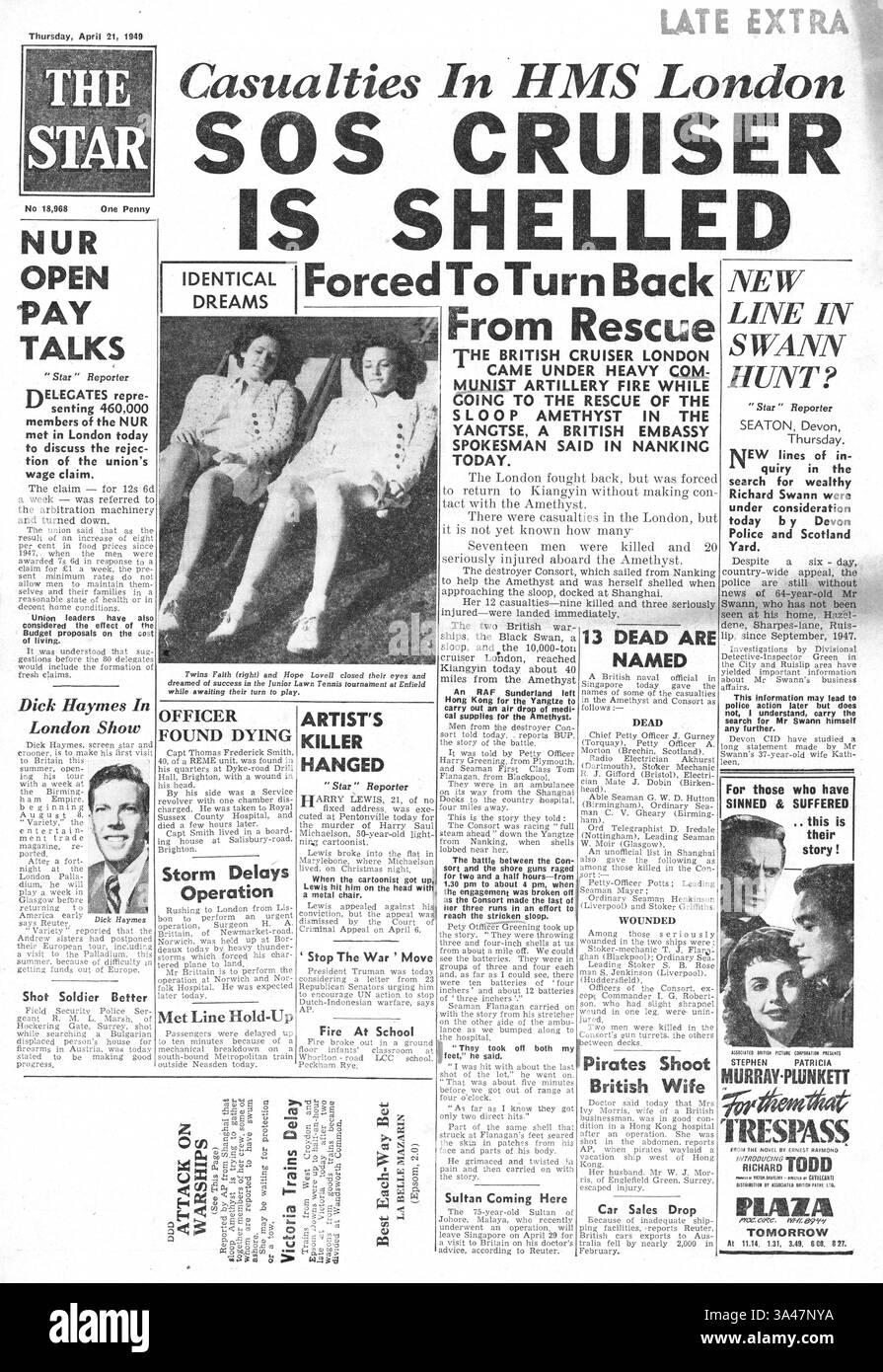 1949 The Star (London) front page reporting HMS Amethyst and Yangtze ...