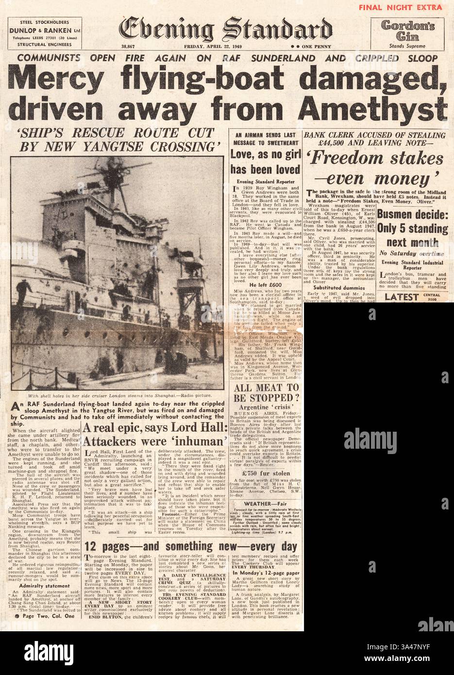 1949 Evening Standard (London) front page reporting HMS Amethyst and ...