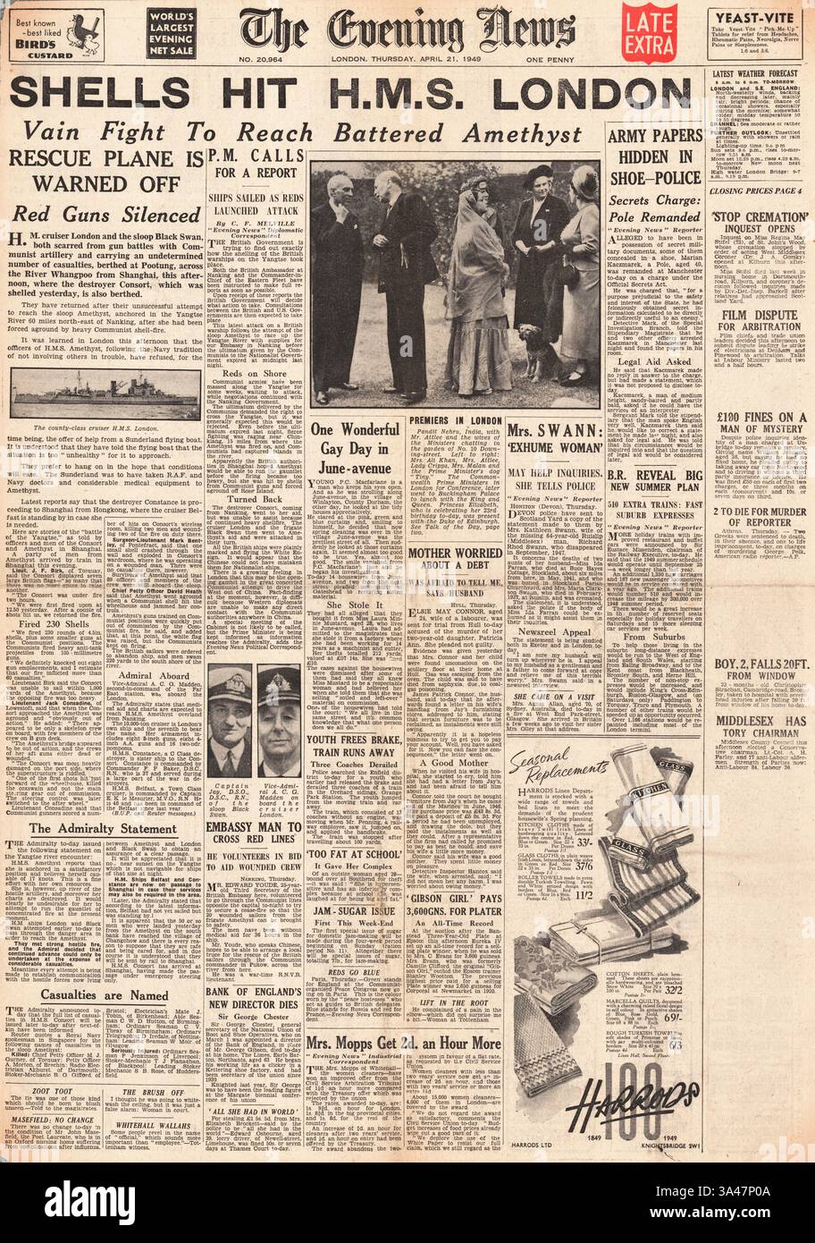 1949 Evening News (London) front page reporting HMS Amethyst and ...
