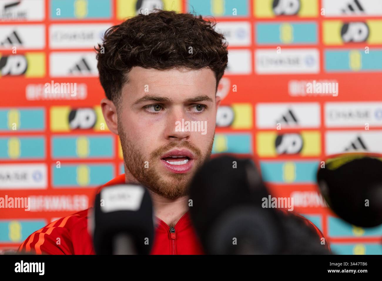 PONTYCLUN, UK. 18th Mar, 2025. Wales' Neco Williams during a media ...