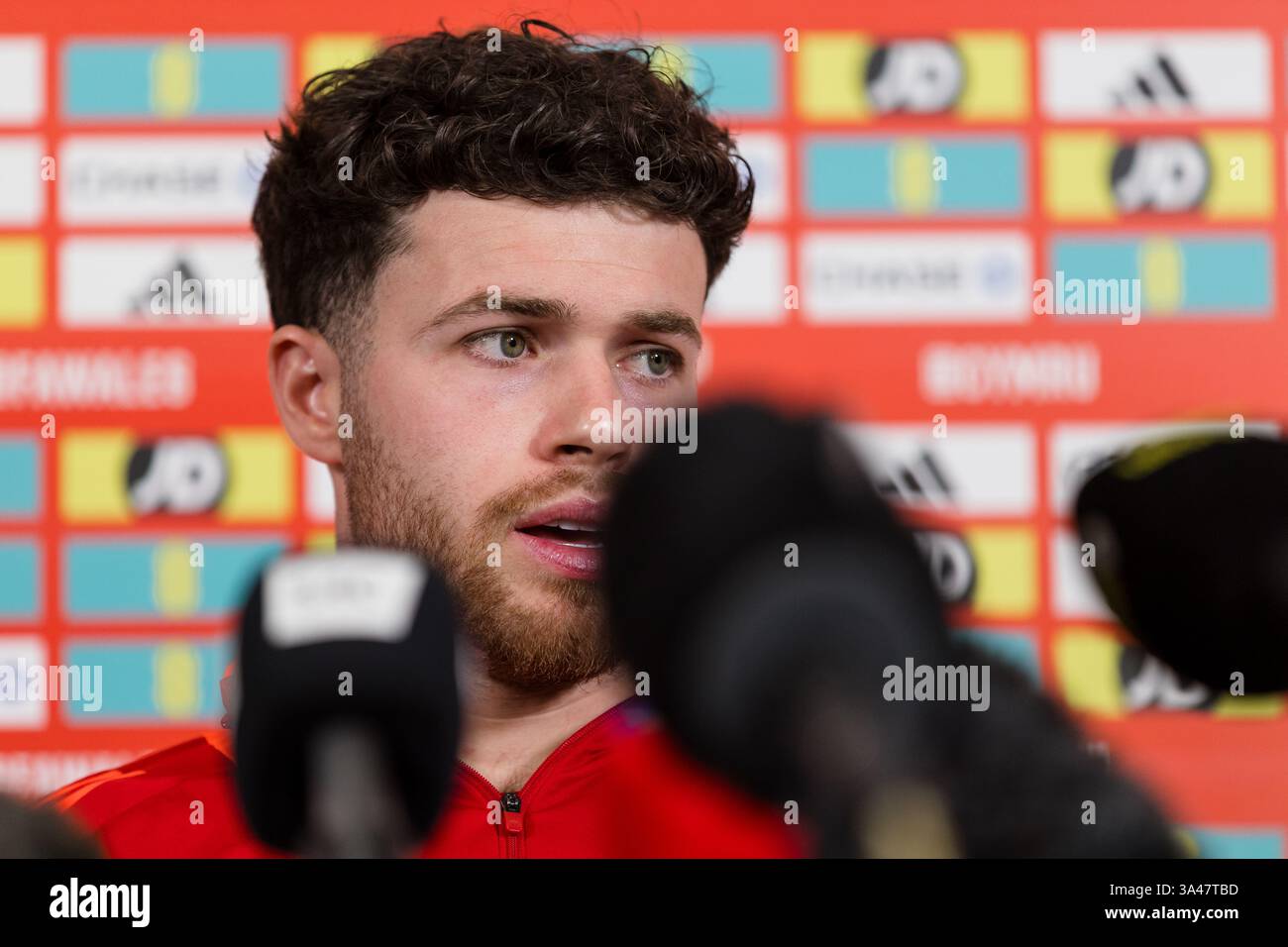 PONTYCLUN, UK. 18th Mar, 2025. Wales' Neco Williams during a media ...