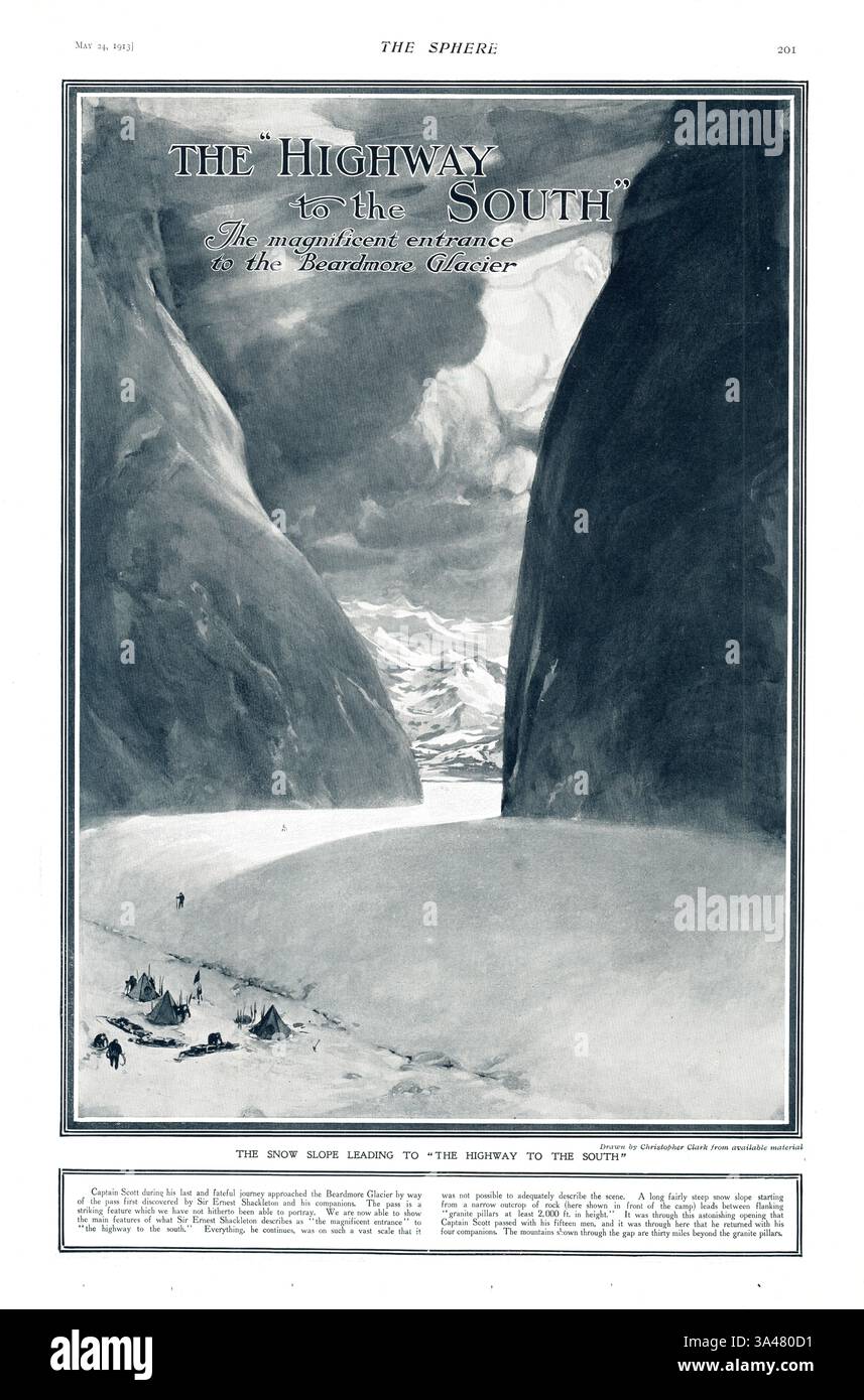 1913 The Sphere Captain Scott's team approach Beardmore Glacier Stock ...