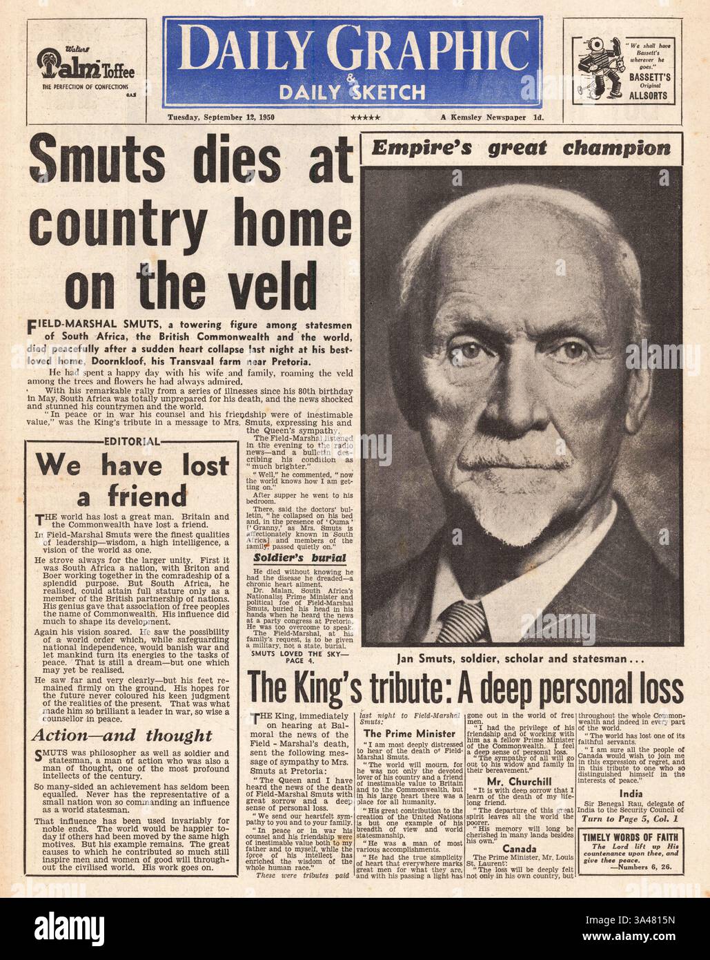 1950 Daily Graphic front page reporting the death of Jan Smuts Stock ...