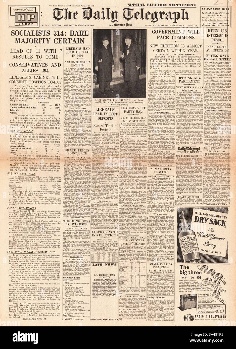 1950 Daily Telegraph front page reporting British General Election ...