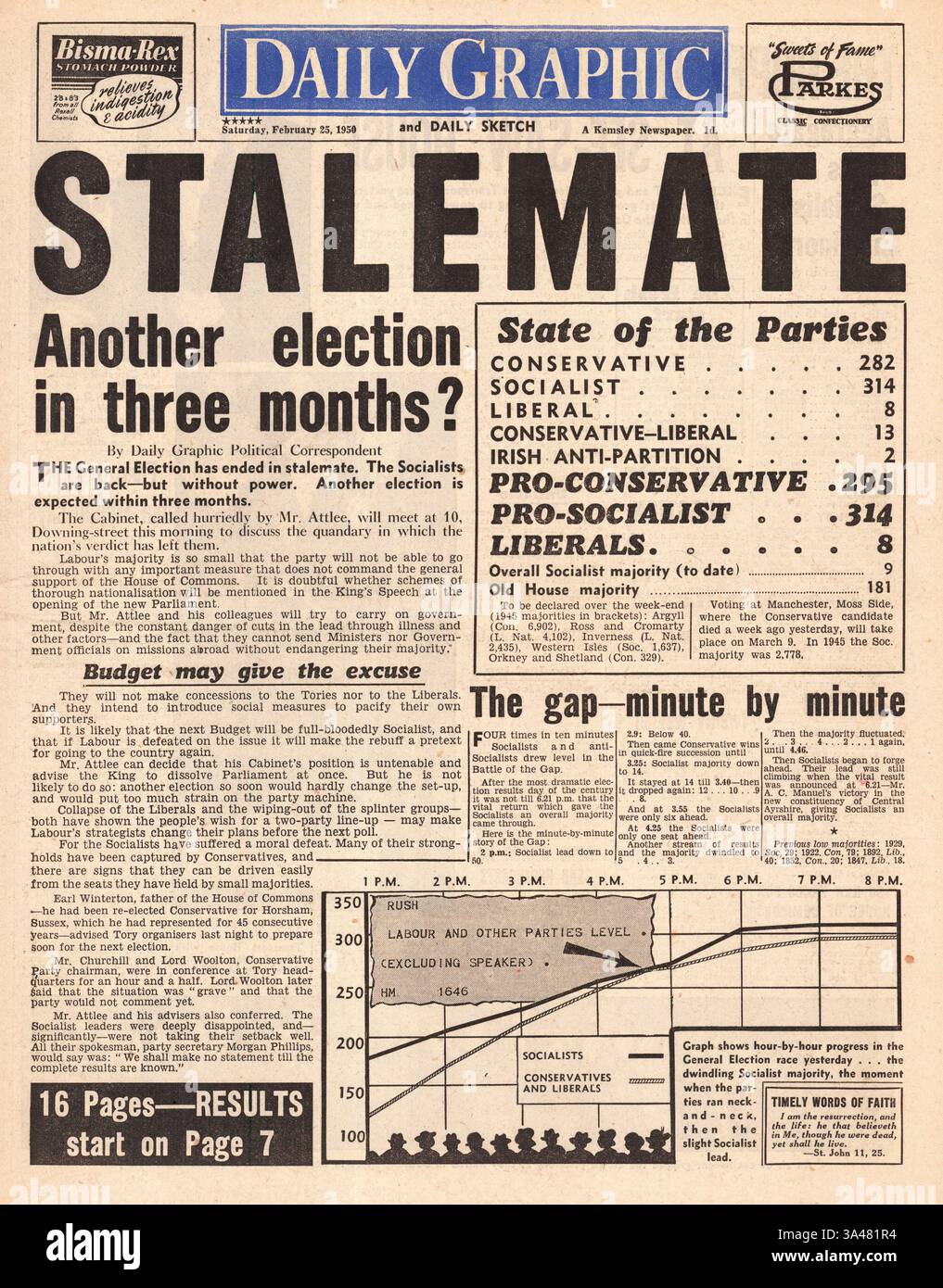 1950 Daily Graphic front page reporting British General Election Stock ...