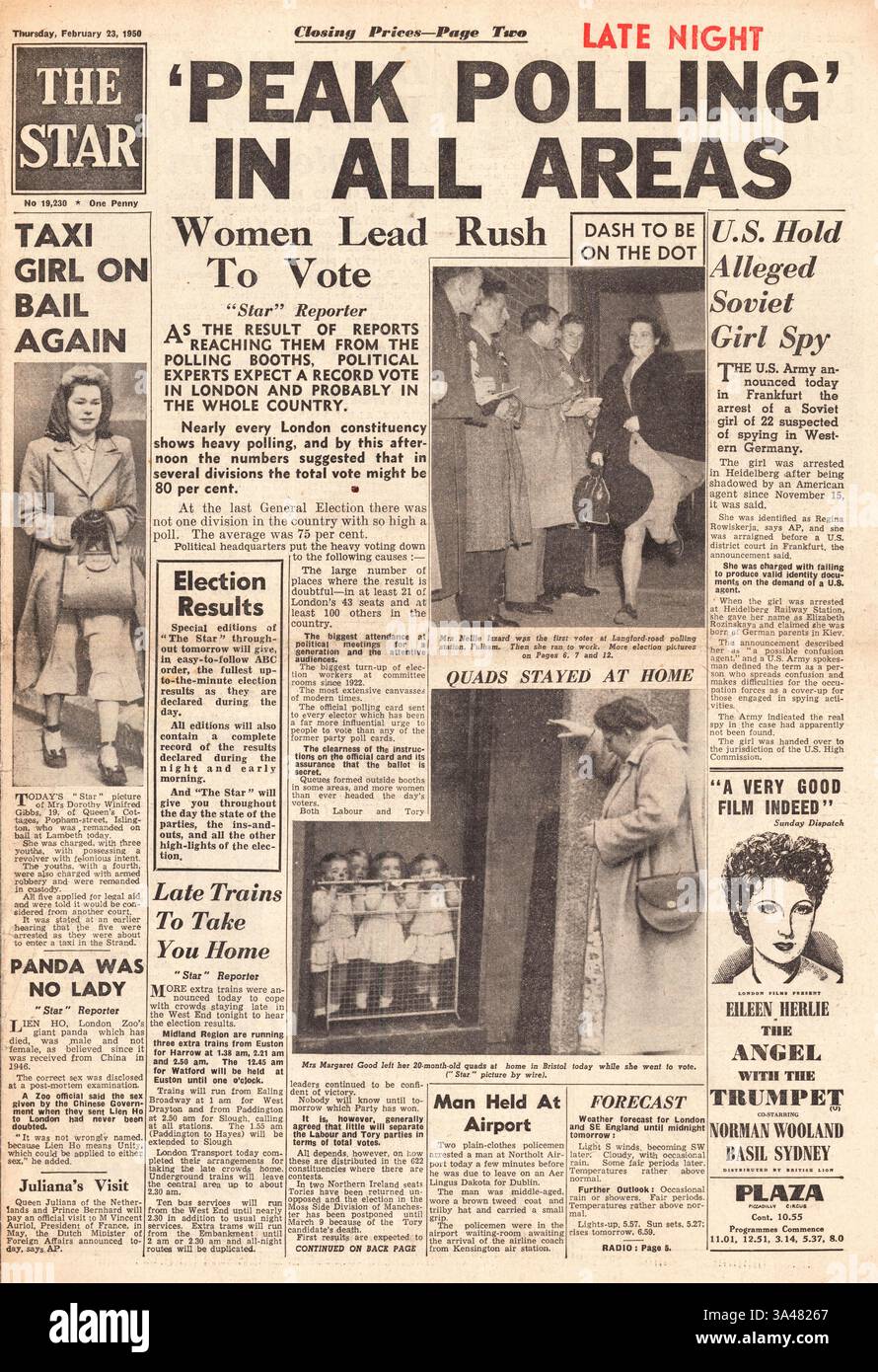 1950 The Star (London) front page reporting British General Election ...