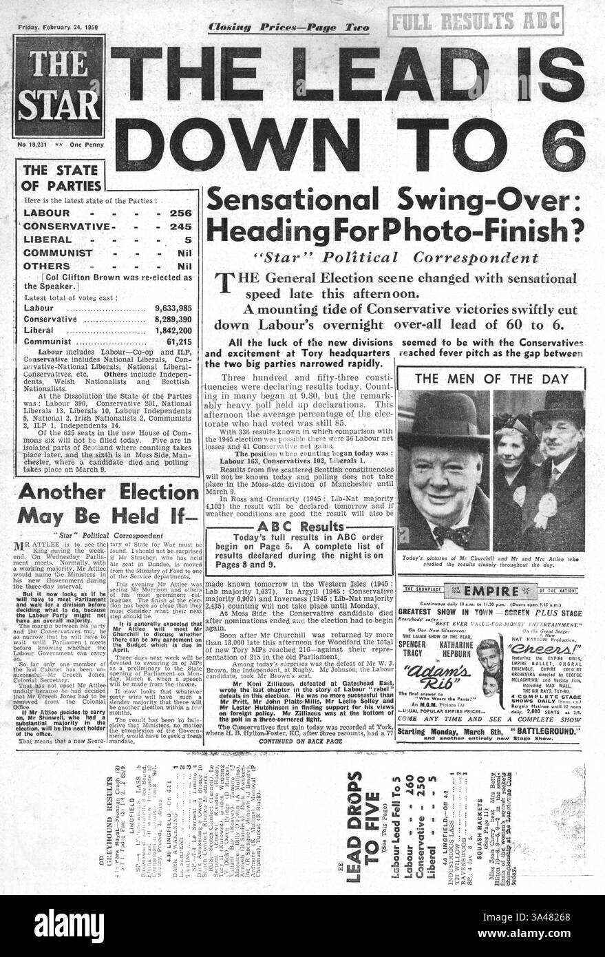 1950 The Star (London) front page reporting British General Election ...