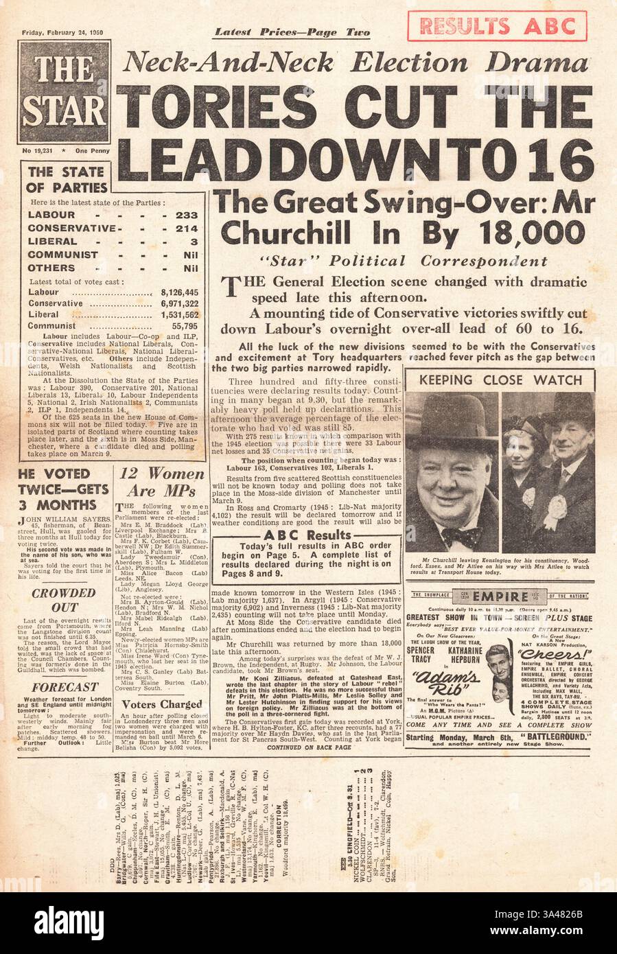 1950 The Star (London) front page reporting British General Election ...