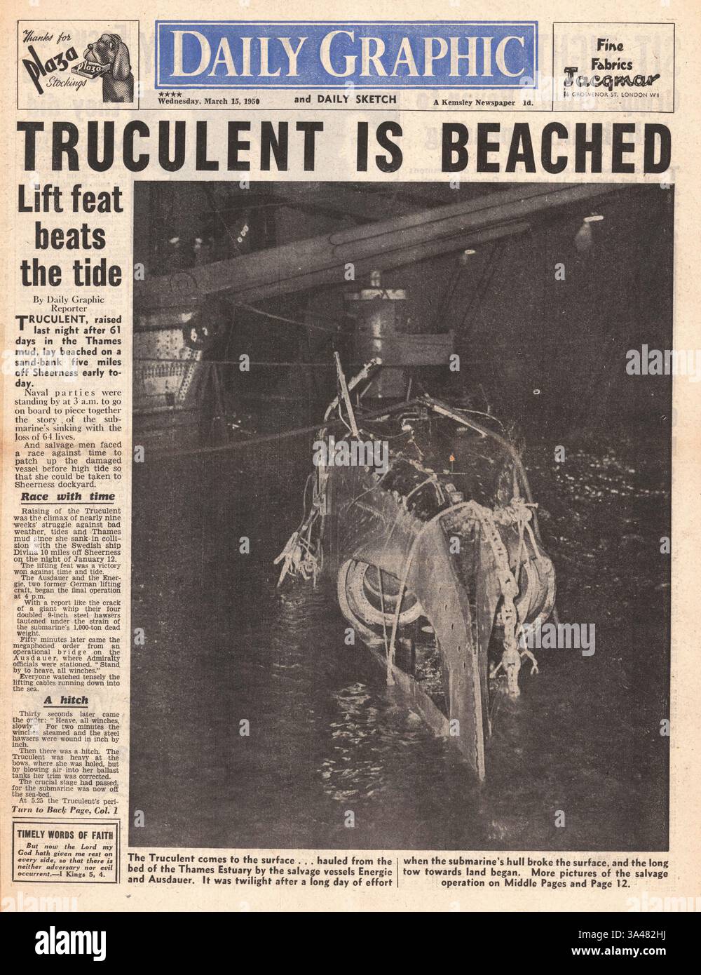 1950 Daily Graphic front page reporting HMS Truculent disaster Stock ...