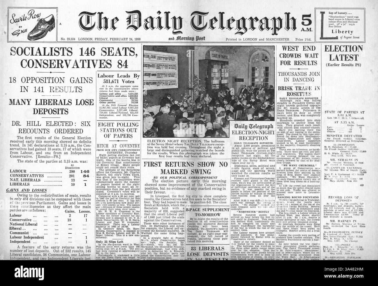 1950 Daily Telegraph front page reporting British General Election ...