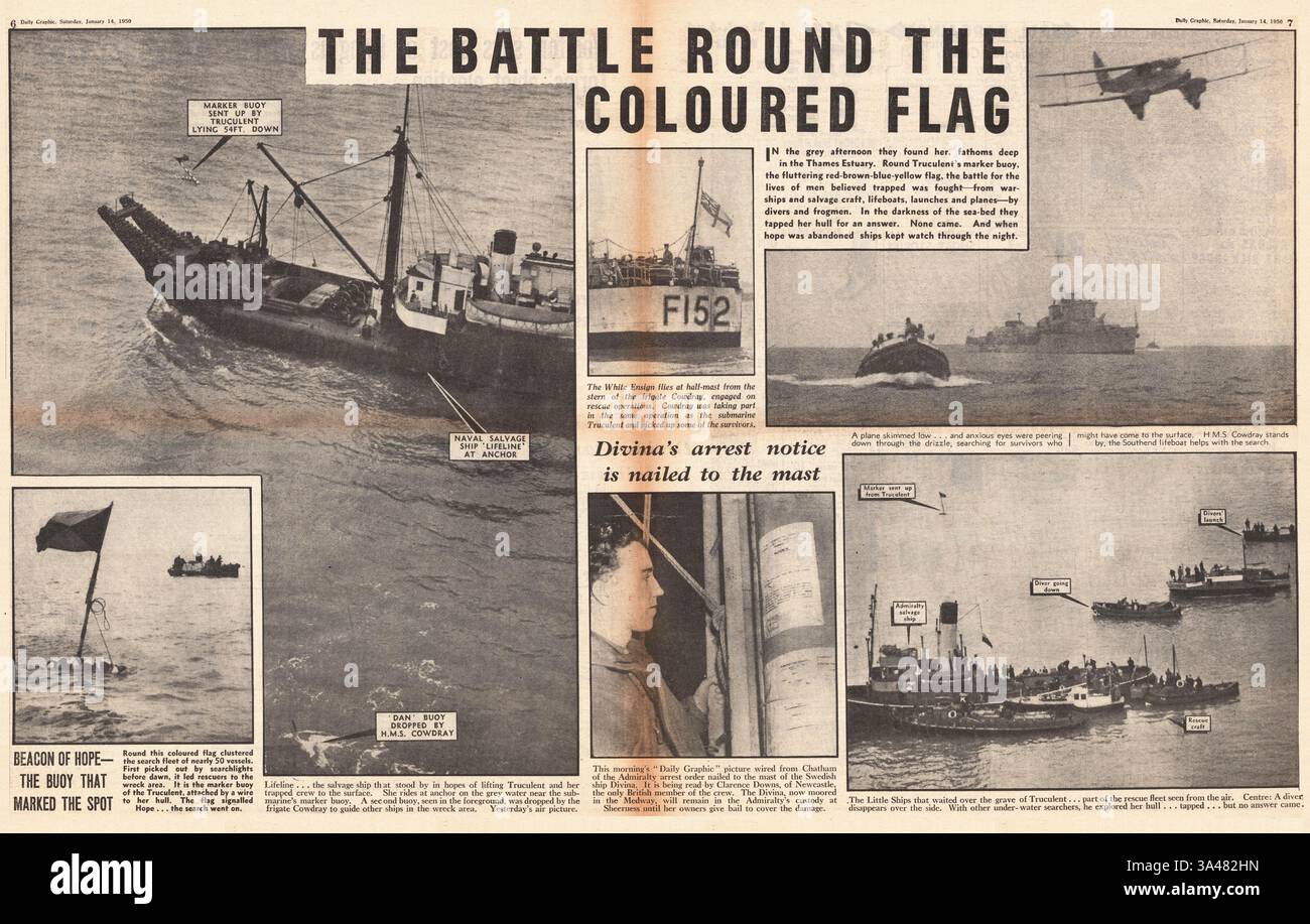 1950 Daily Graphic centre page reporting HMS Truculent disaster Stock ...