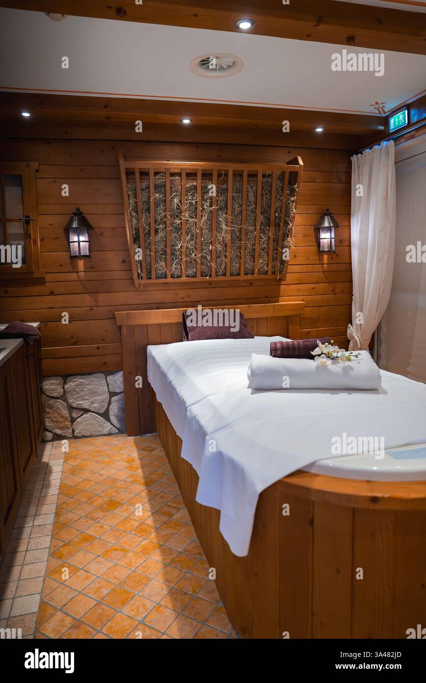 Spa Treatment Room with Wooden Interior in Ischgl, Austria Stock Photo ...
