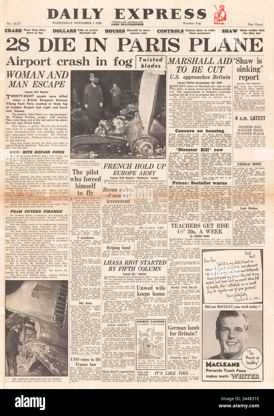 1950 Daily Express front page reporting BEA plane crash at London ...