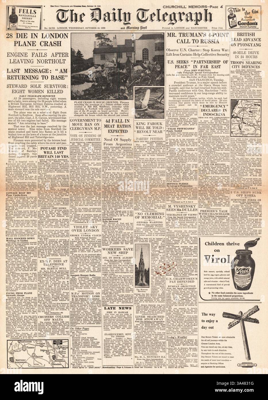 1950 Daily Telegraph front page reporting BEA plane crash near Mill ...