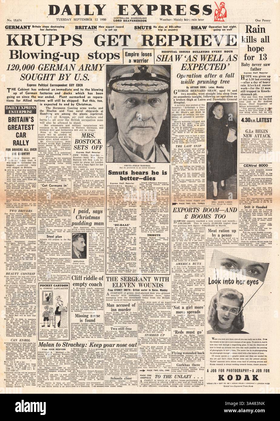1950 Daily Express front page reporting the death of Jan Smuts Stock ...