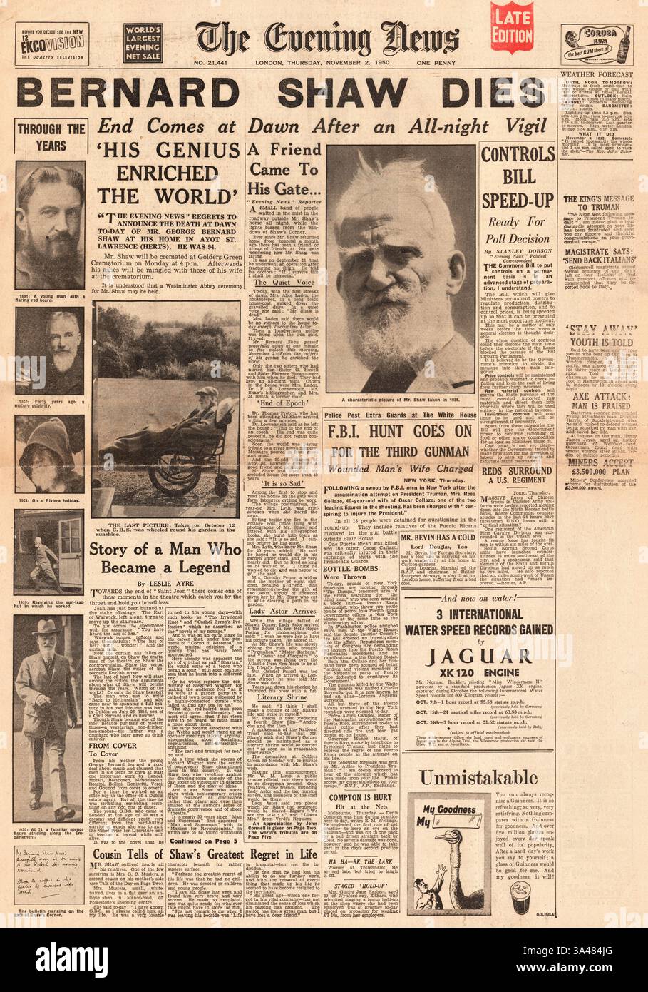 1950 Evening News (London) front page reporting Death of George Bernard ...