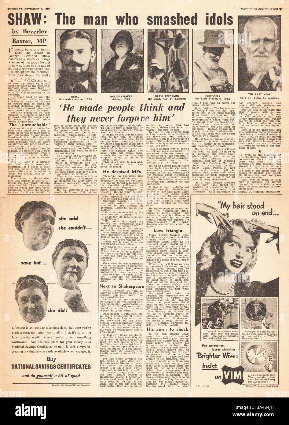 1950 evening standard death of george bernard shaw hi-res stock ...