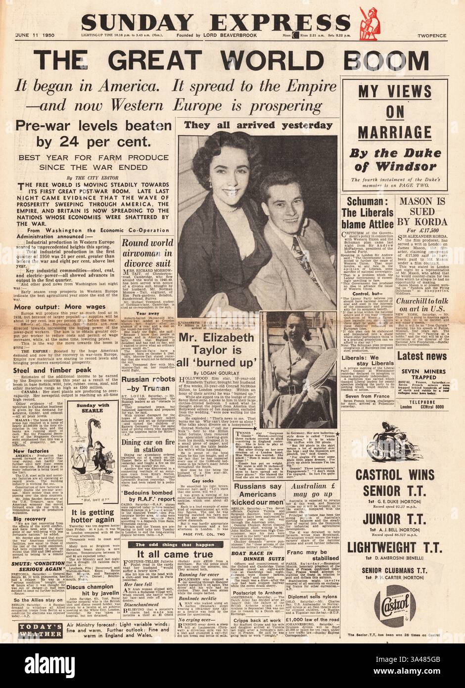 1950 Sunday Express front page reporting World economic boom Stock ...