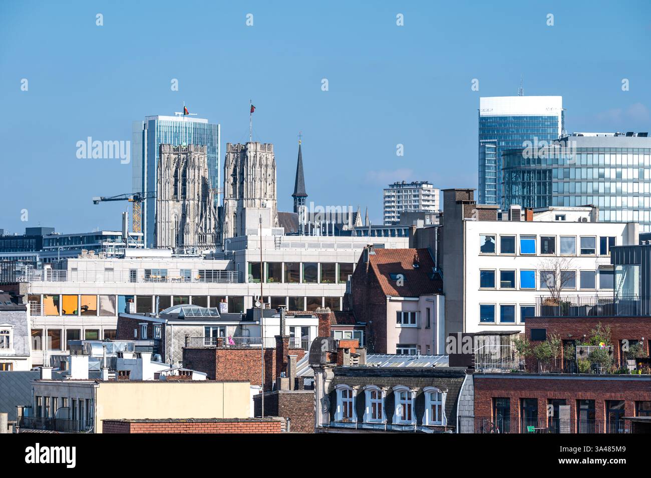 High angle view over contemporary office buildings and historical ...