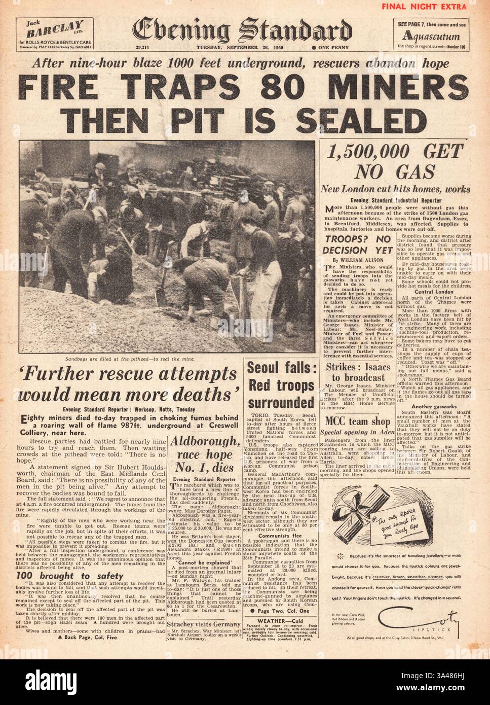 1950 Evening Standard London Front Page Reporting Creswell Colliery 1950 Evening Standard London Front Page Reporting Creswell Colliery