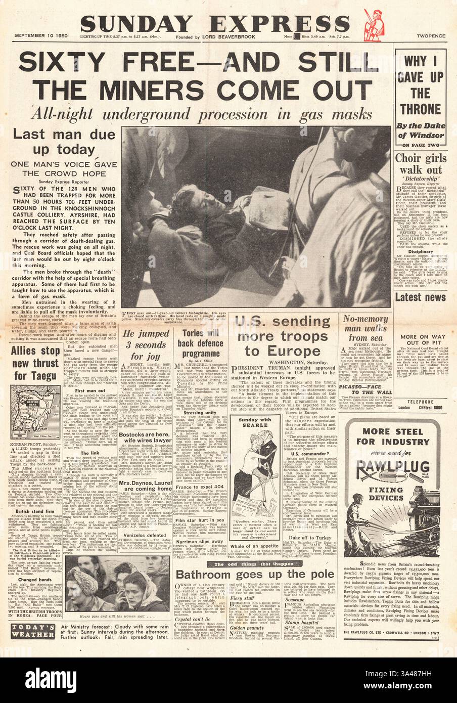 1950 Sunday Express front page reporting Knockshinnoch Castle colliery ...