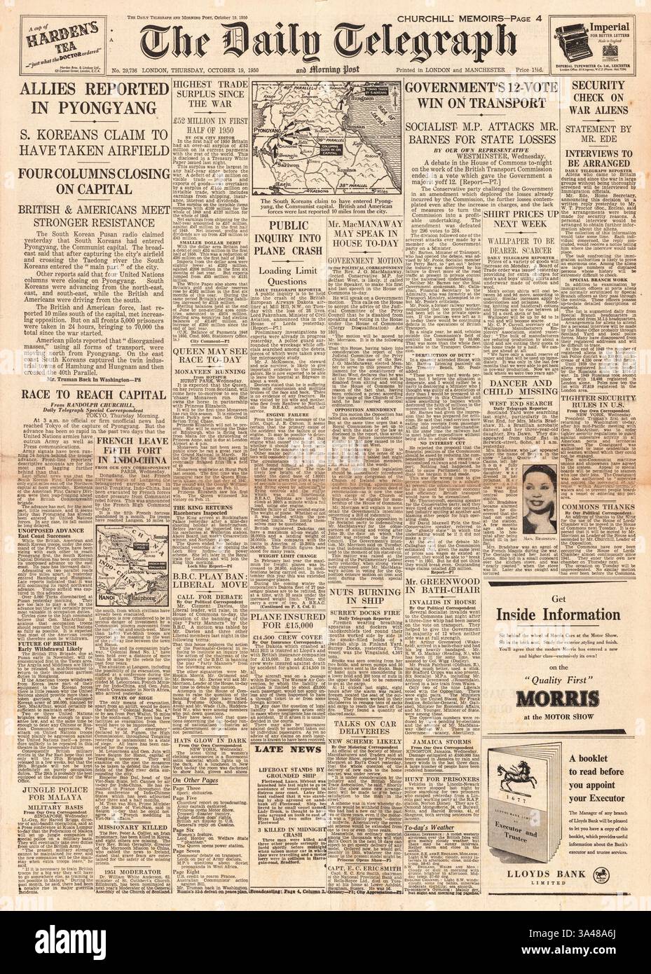 1950 Daily Telegraph front page reporting Korean War Stock Photo - Alamy