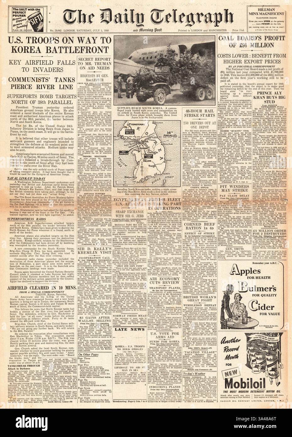 1950 Daily Telegraph front page reporting Korean War Stock Photo - Alamy