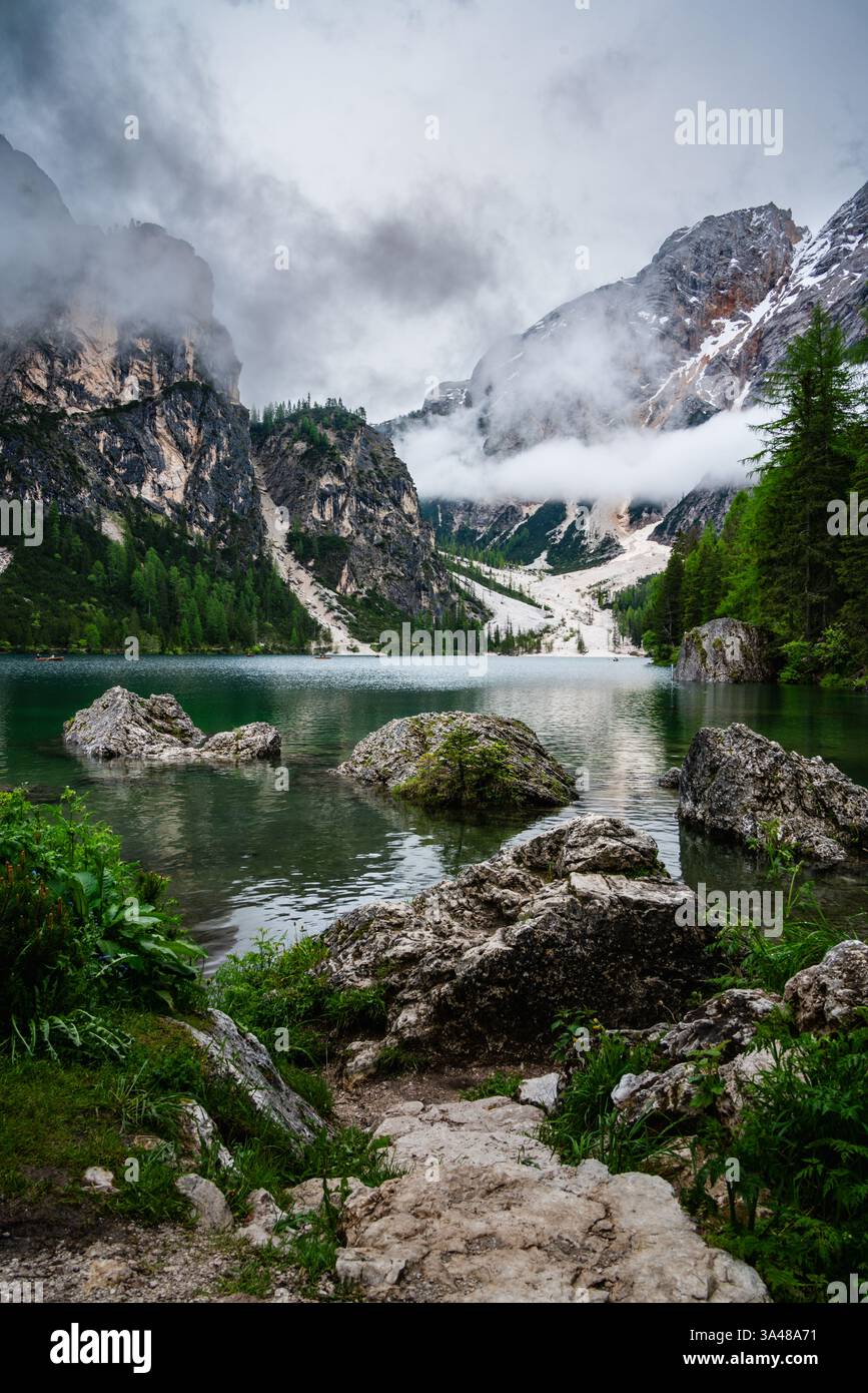 Cloudy day on Lago di Braies, one of the most beautiful lake in italian ...