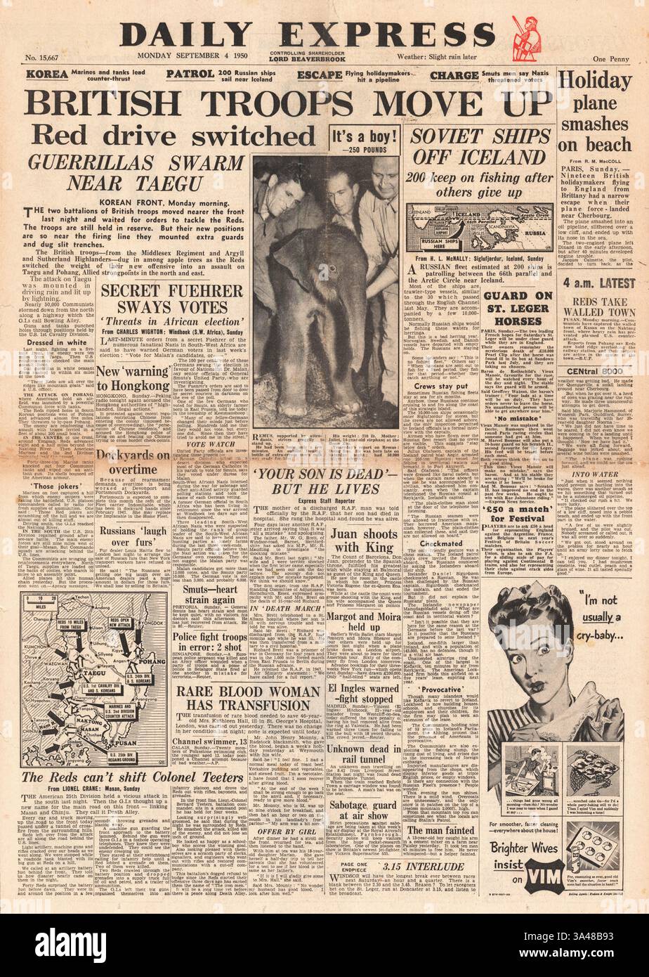 1950 Daily Express front page reporting Korean War Stock Photo - Alamy