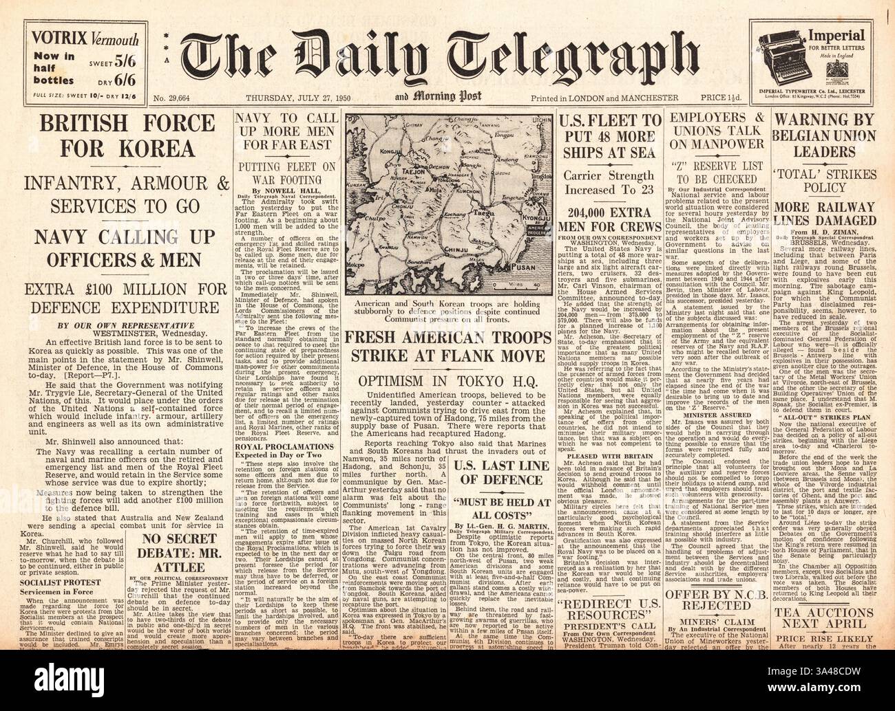 1950 Daily Telegraph front page reporting Korean War Stock Photo - Alamy