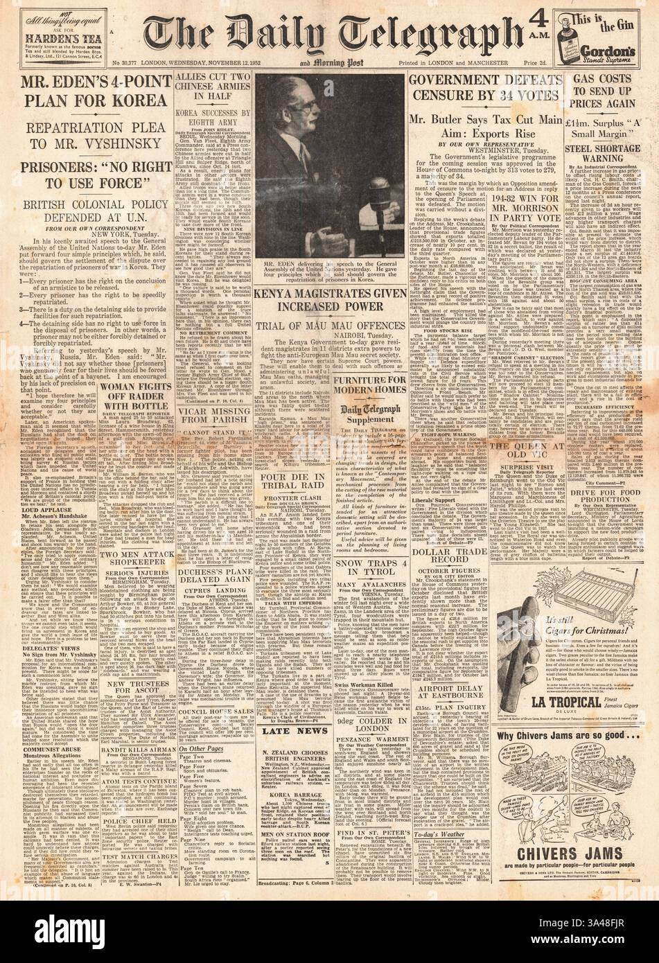 1953 Daily Telegraph front page reporting Korean War and Eden's four ...