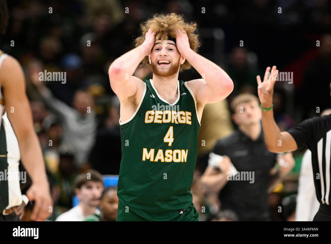 George Mason guard Brayden O'Connor (4) reacts during the second half ...