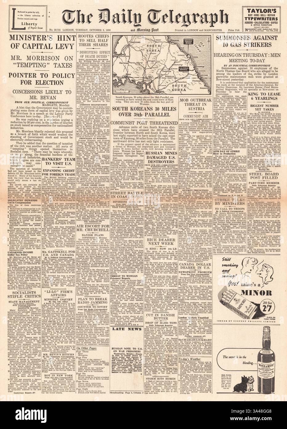 1950 Daily Telegraph front page reporting Korean War Stock Photo - Alamy
